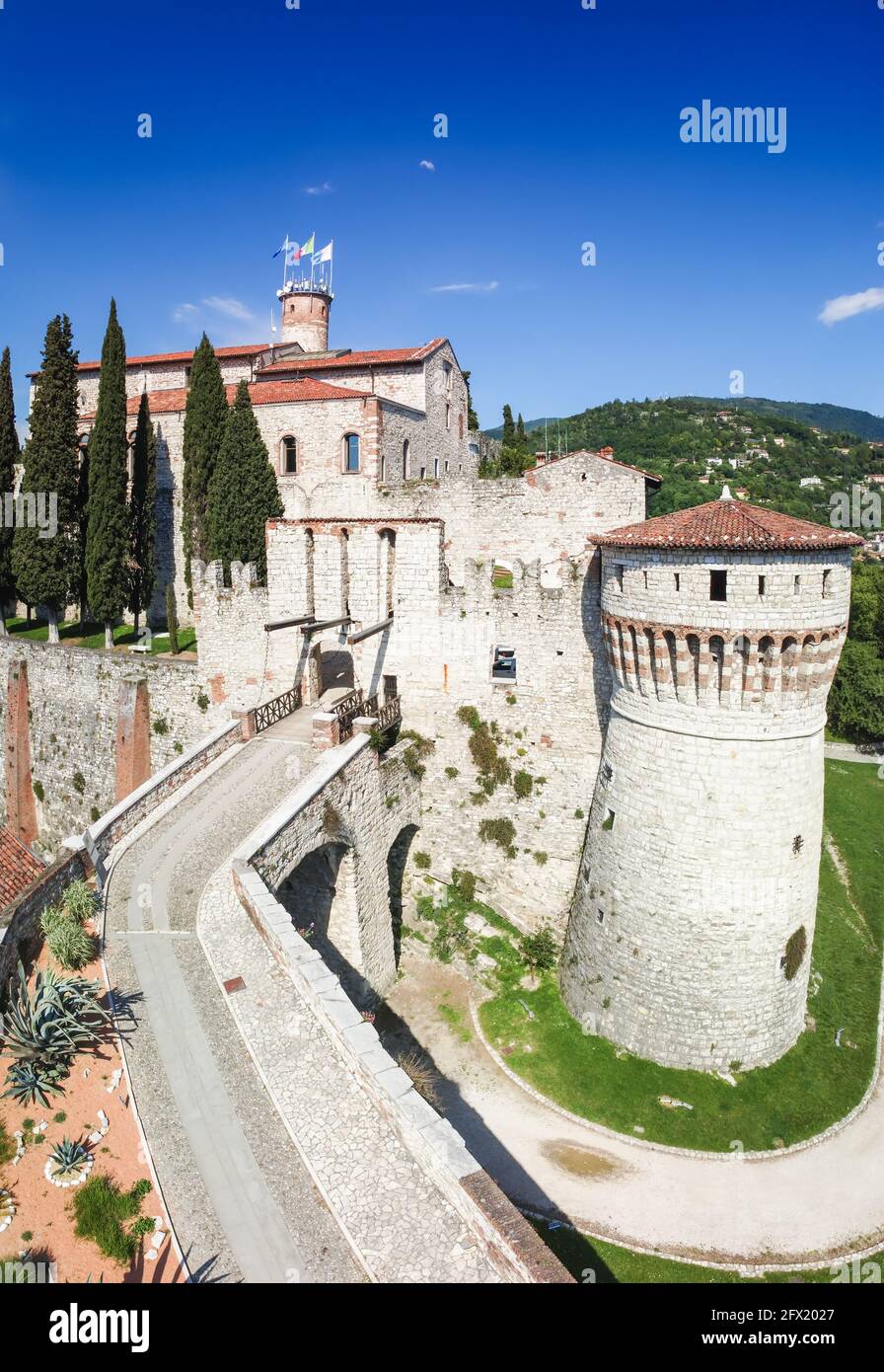 Vertical panorama of the main building of the castle in Brescia city ...