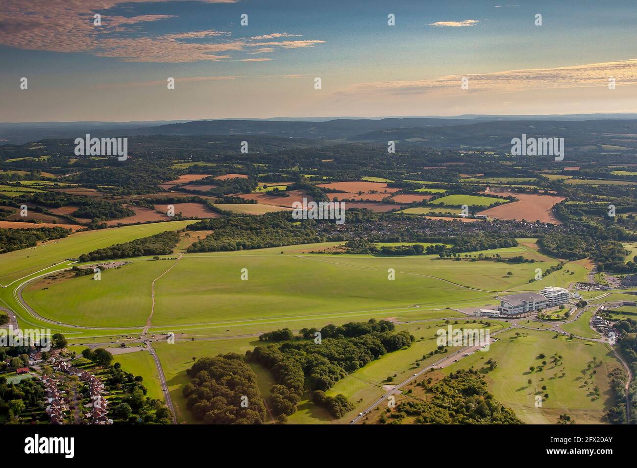 Aerial view of the world famous horse racing course on Epsom Downs ...