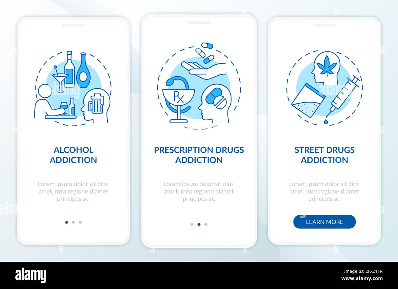 Addiction types onboarding mobile app page screen with concepts Stock ...