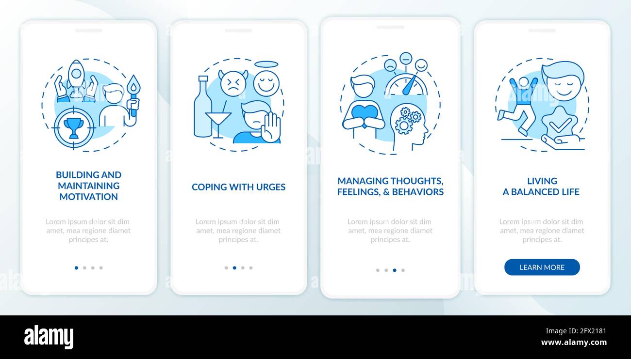 Addiction recovery steps methods onboarding mobile app page screen with concepts Stock Vector ...