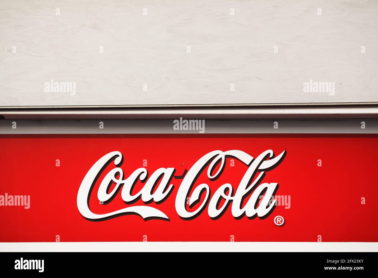 Hou, Denmark - March 28, 2014: Coca-Cola logo on a building. Coca-Cola ...