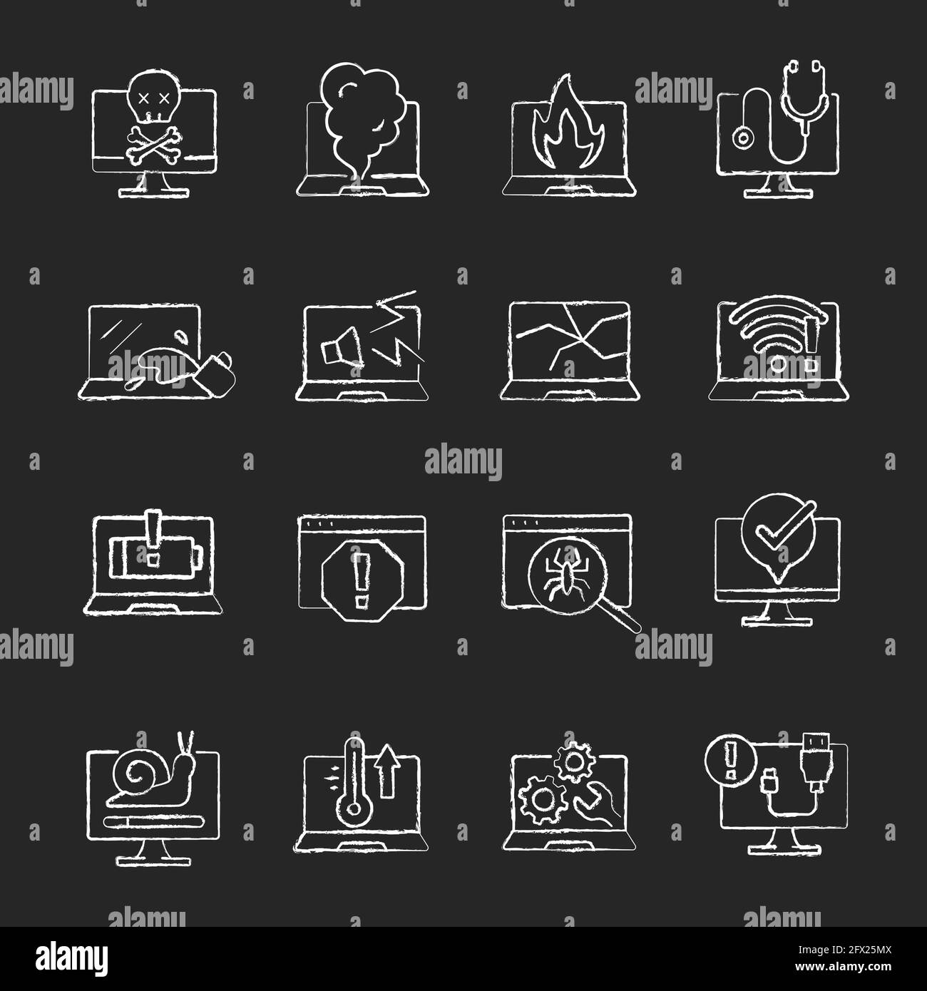 Computer problems chalk white icons set on black background Stock ...