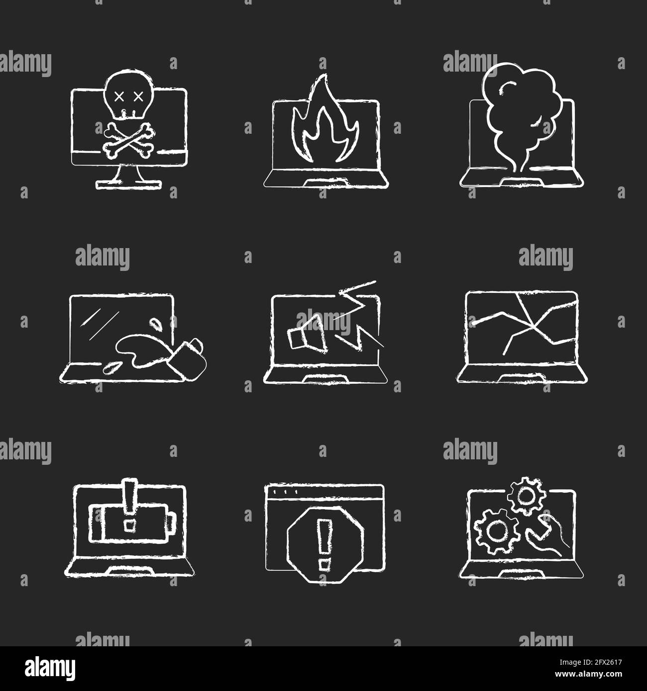 Computer damage chalk white icons set on black background Stock Vector ...