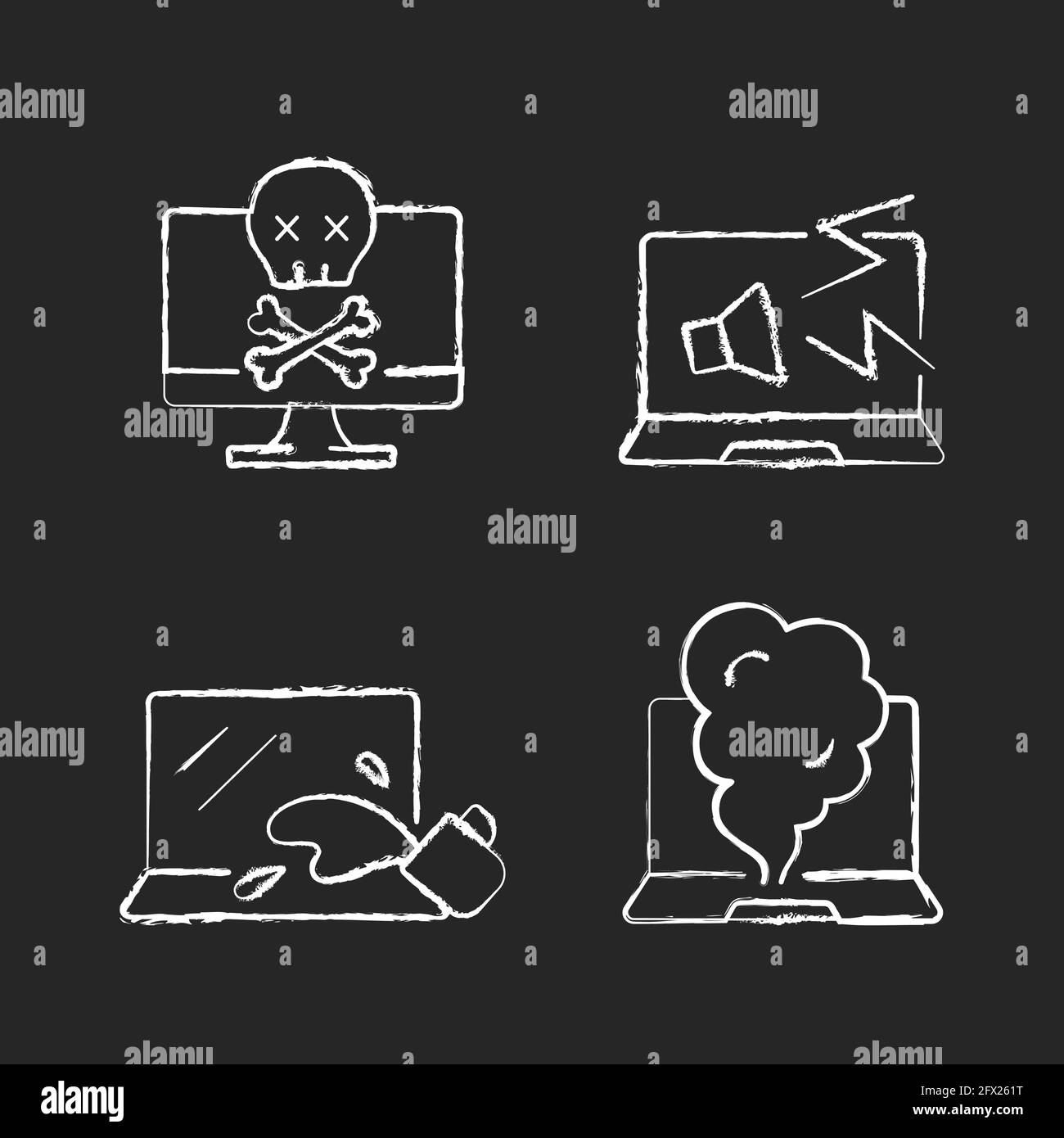 Broken laptop chalk white icons set on black background Stock Vector ...