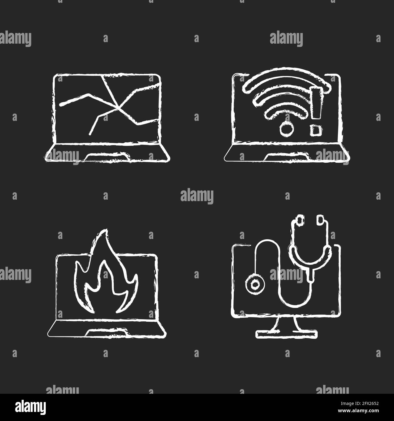 Computer issues chalk white icons set on black background Stock Vector ...