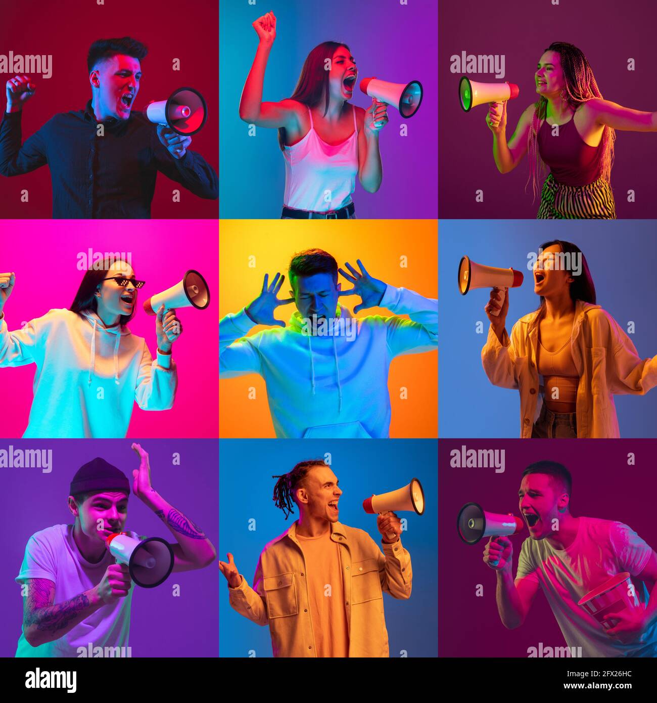 Portrait of group of people on multicolored background in neon light ...