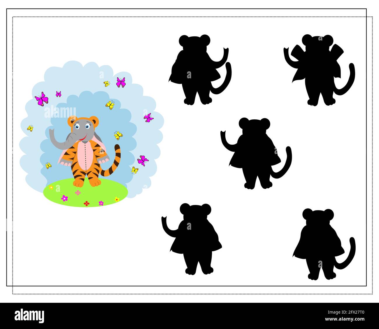 game for kids find the right shadow, cute cartoon elephant is dressed ...