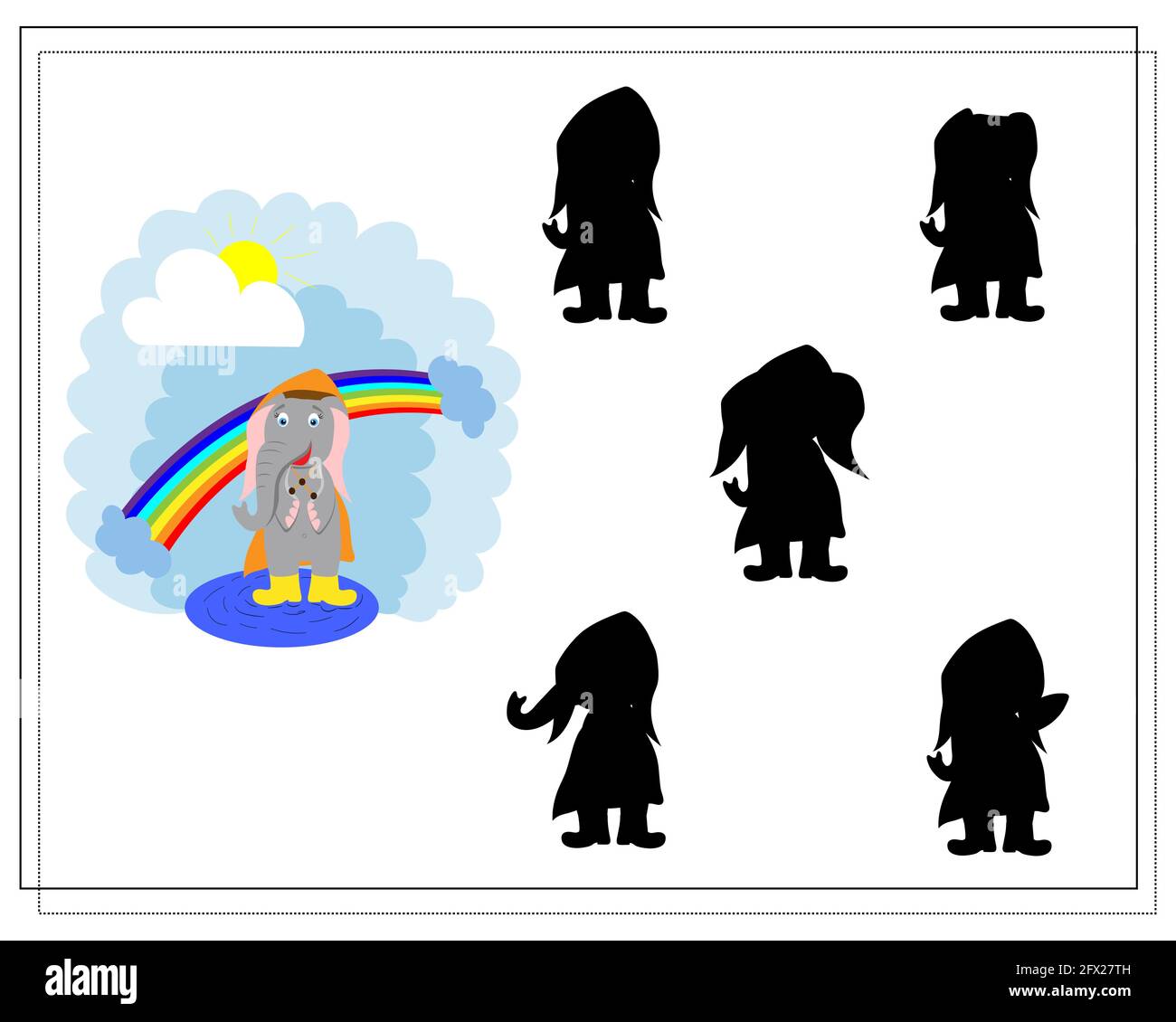 game for kids find the right shadow, a cute cartoon elephant stands ...