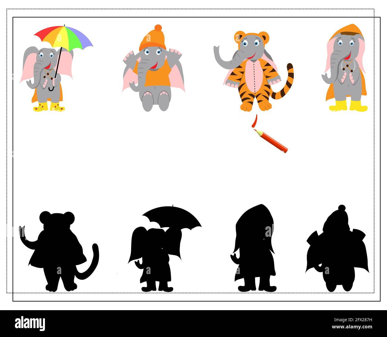 a game for children find where whose shadow is. cute cartoon elephant. vector flat illustration ...