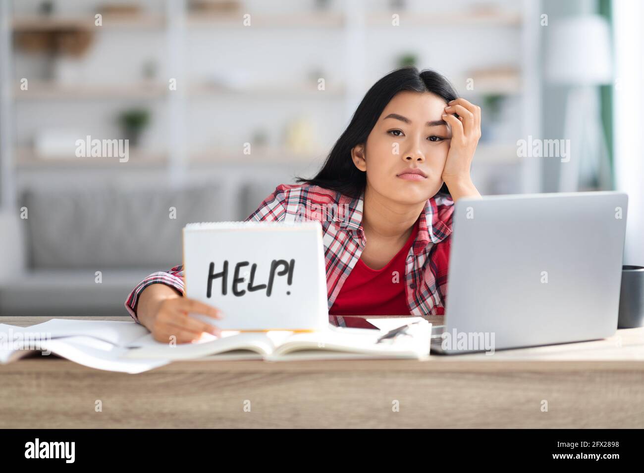 Remote Education Problems. Exhausted Asian Female Student Tired Of ...