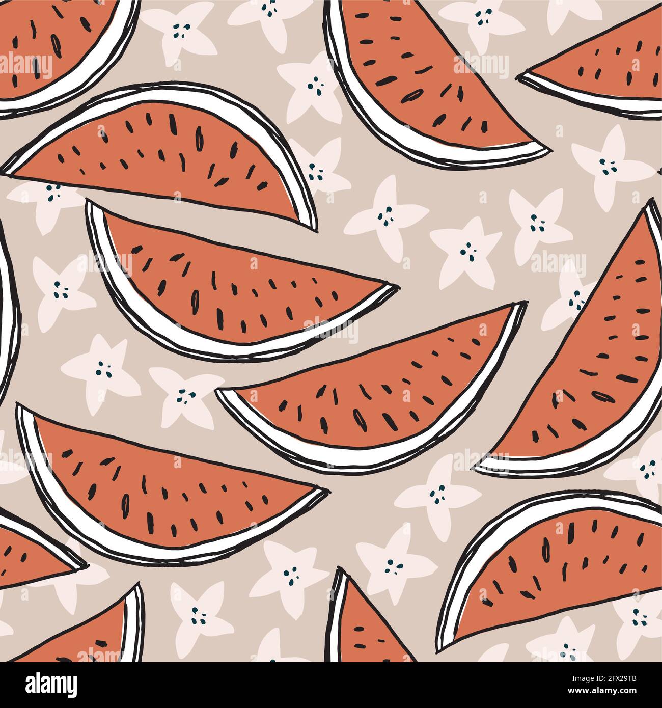 Beautiful summer seamless pattern. Hand drawn watermelon fruit with ...