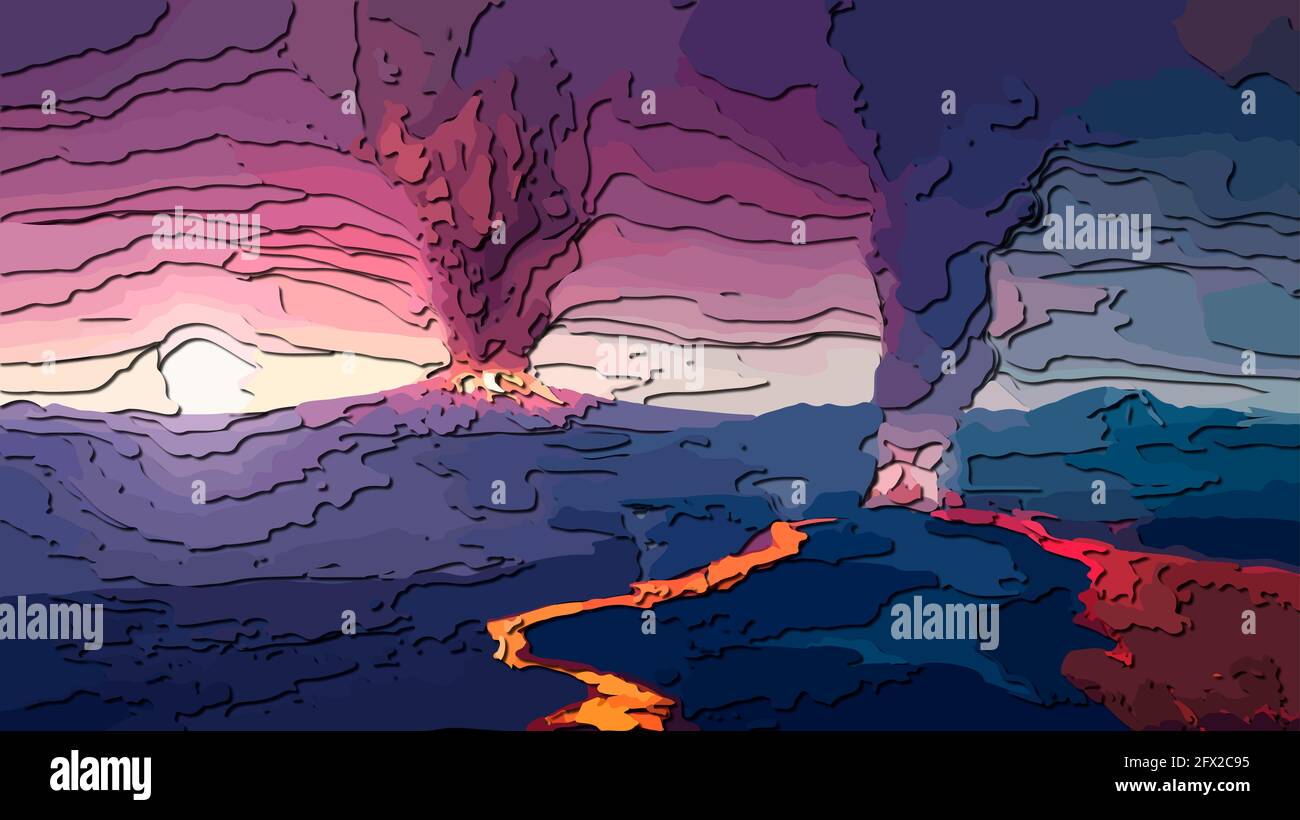 Volcano eruption. Carved layered papercut with shadows. 3d rendering ...