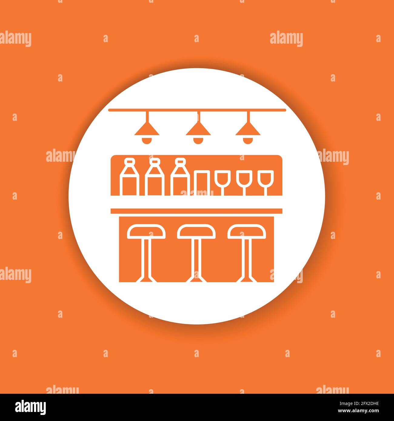 Interior of pub, cafe or bar color line icon. Bar counter, chairs and ...