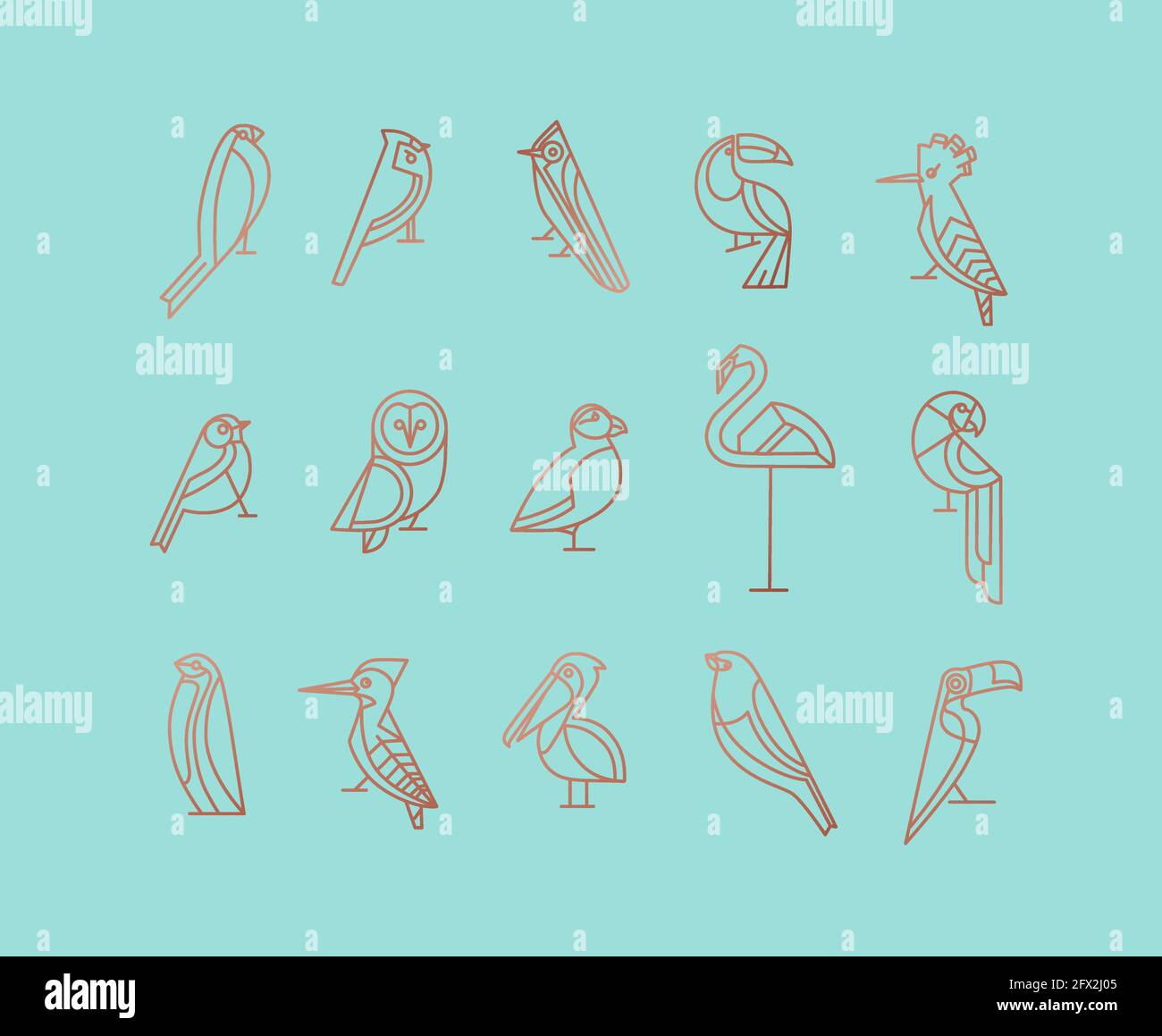 Set of bird icons in vintage art deco flat graphic style drawing on ...