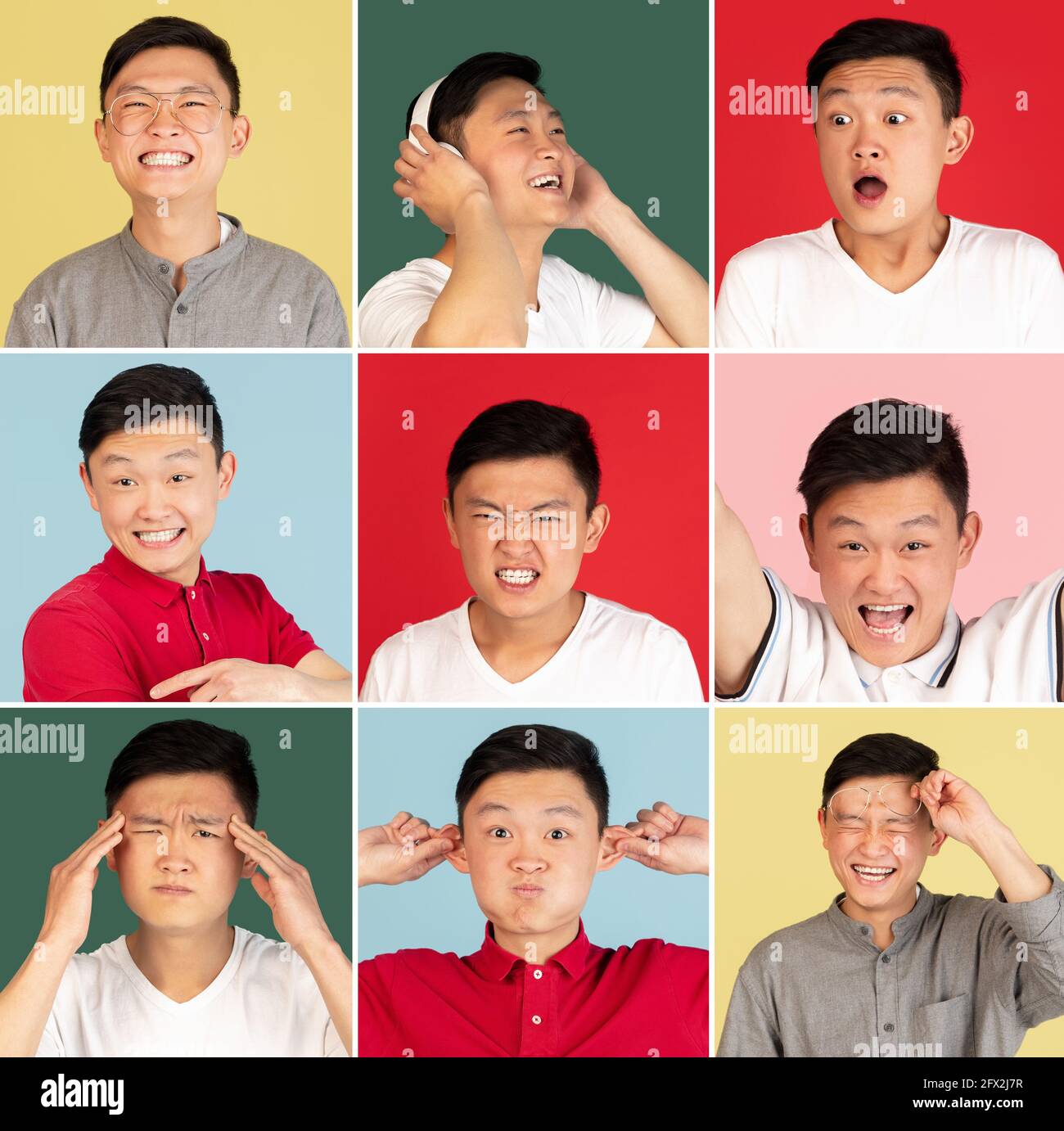 Portraits of one young asian man on multicolored background, collage ...