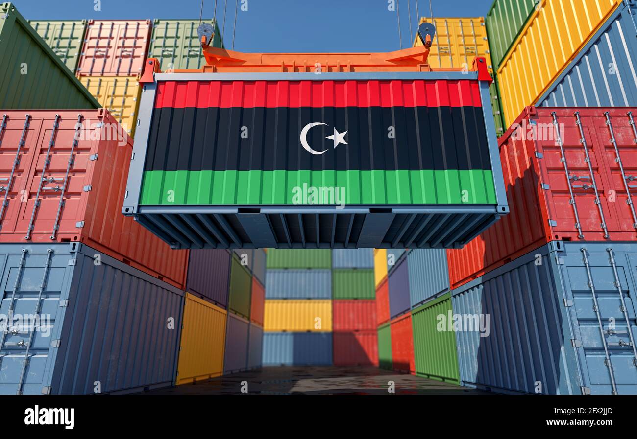 Container Terminal. Shipping Container with Libya flag - 3D Rendering ...