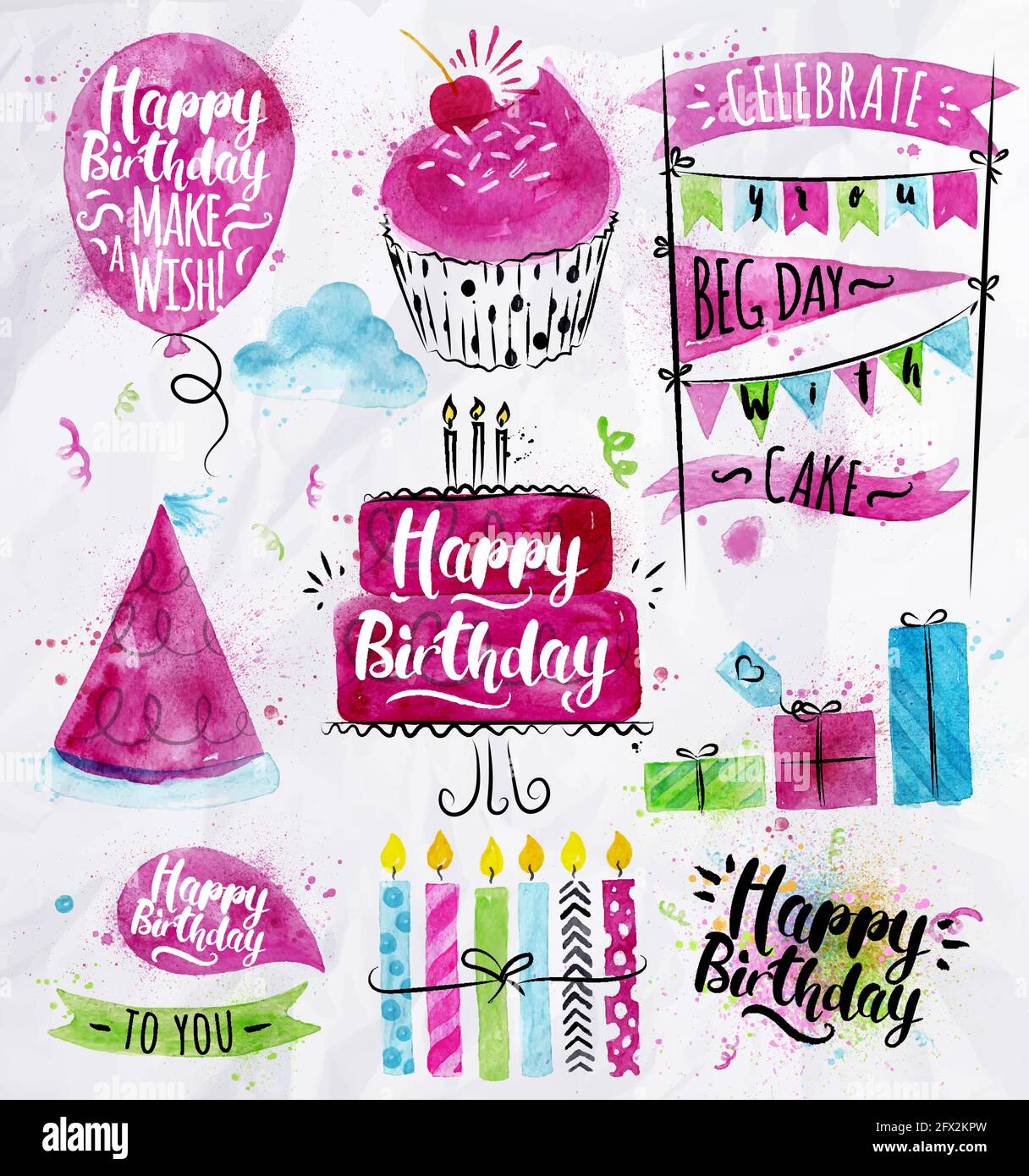 Set of birthday element drawing watercolor on crumpled paper Stock ...