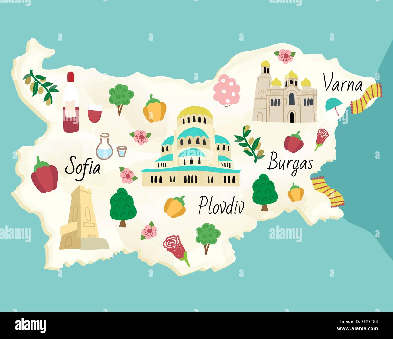 Illustrated map of Bulgaria. Famous landmarks temple, cathedral, rose ...
