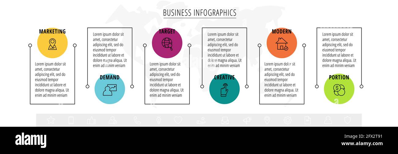 Modern and line vector infographic with circles and six steps. Icons ...
