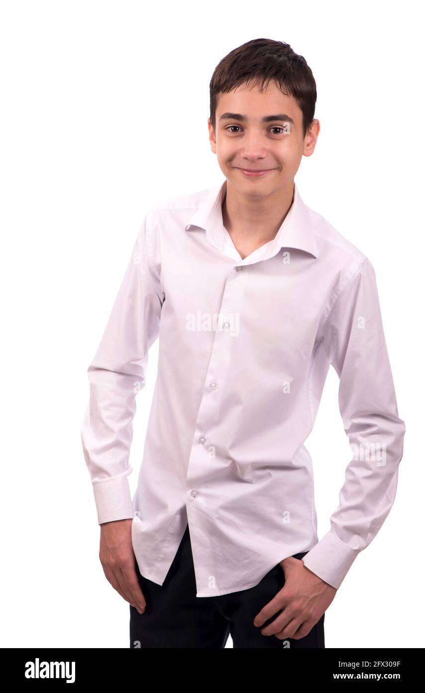 Portrait of happy smiling young man wearing a white shirt standing ...
