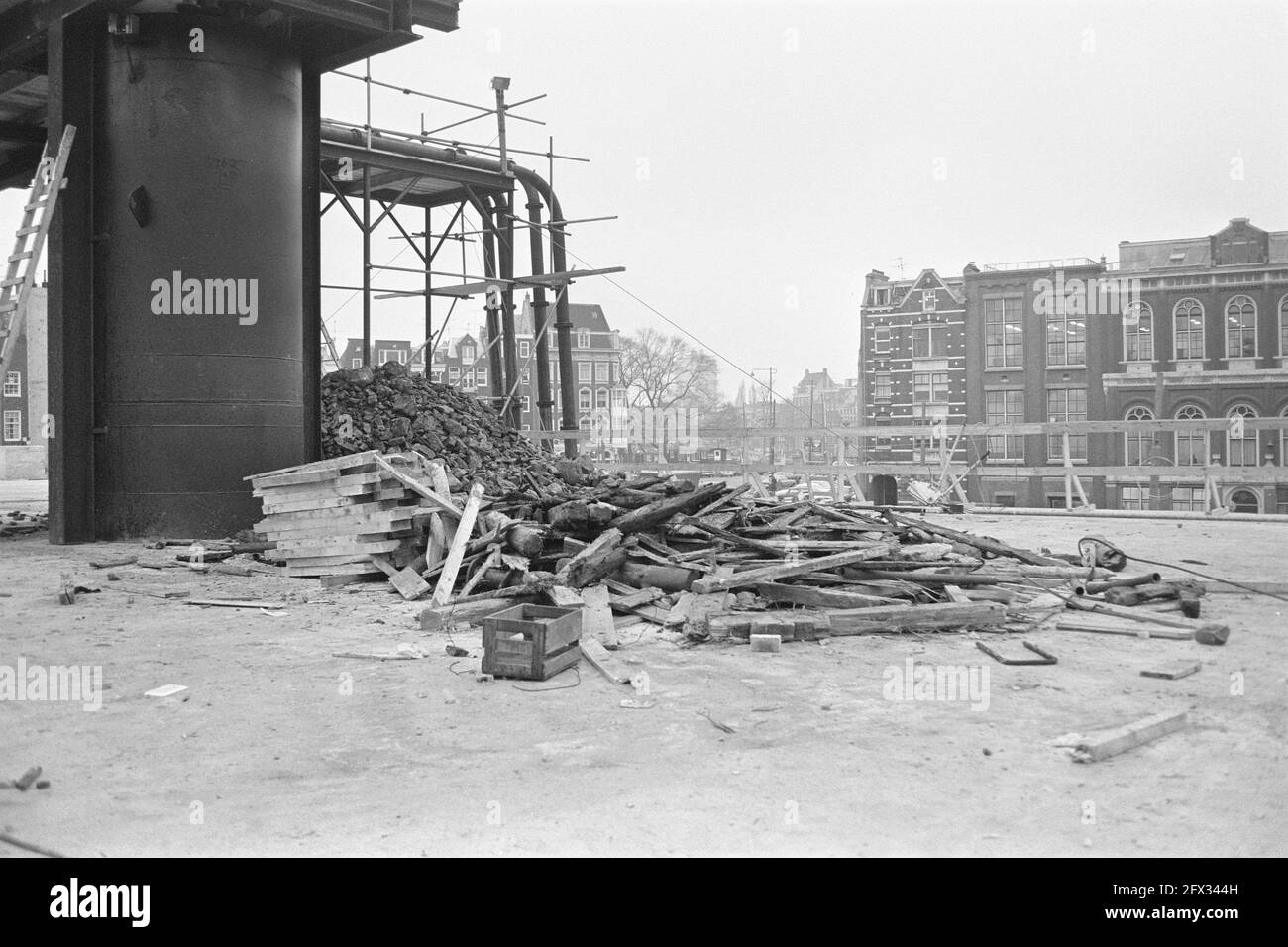 Amsterdam subway construction, sinking of caisson Waterlooplein ...