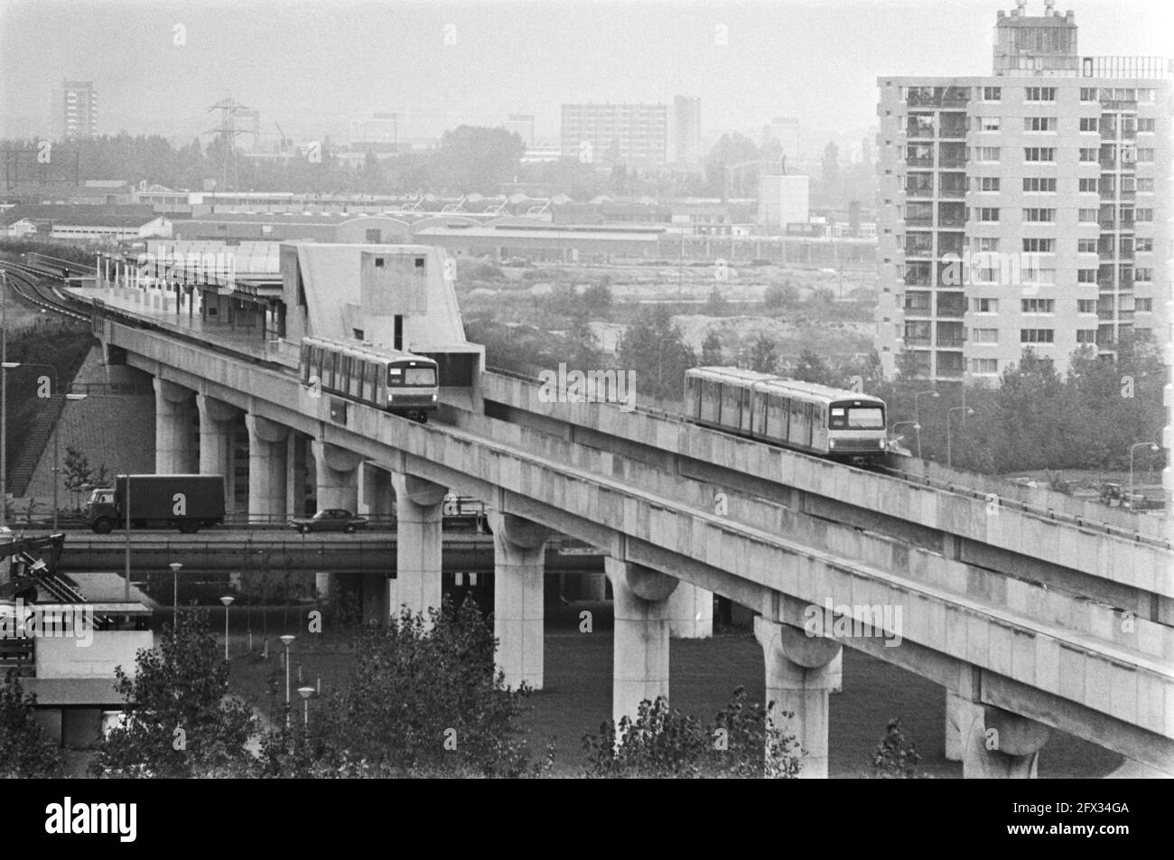 Metro trains during test runs on the track surface in the Bijlmermeer ...