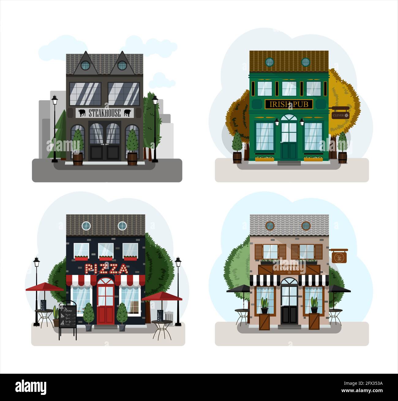 Irish pub exterior vector illustration. Flat design of facade. Beer ...