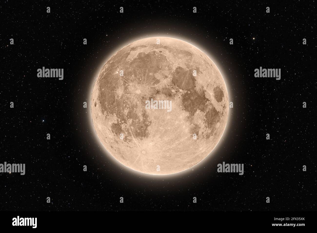 Full brown supermoon halo glowing surrounded by stars on black night ...