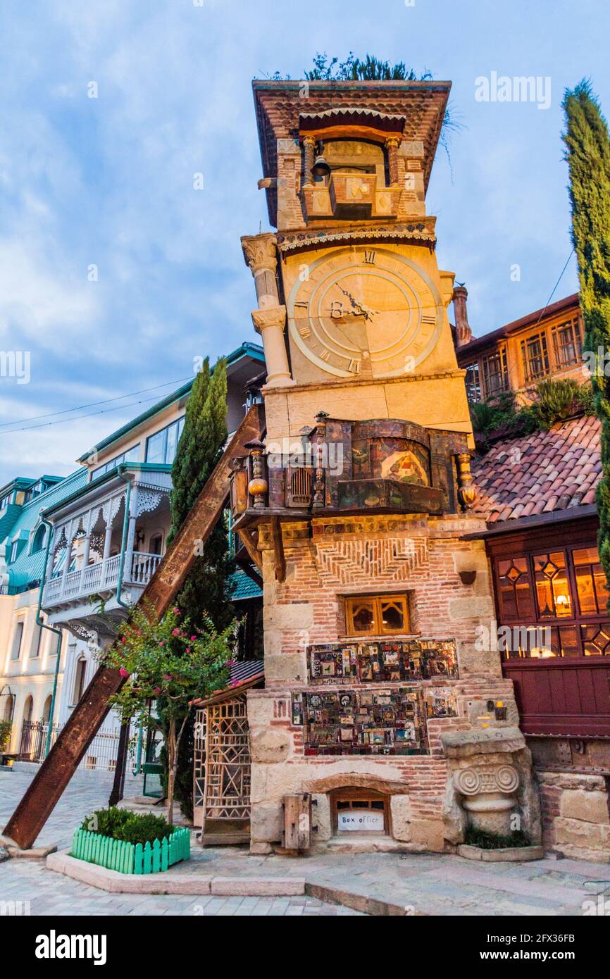 TBILISI, GEORGIA - JULY 15, 2017: Clock tower built in the Old town of ...