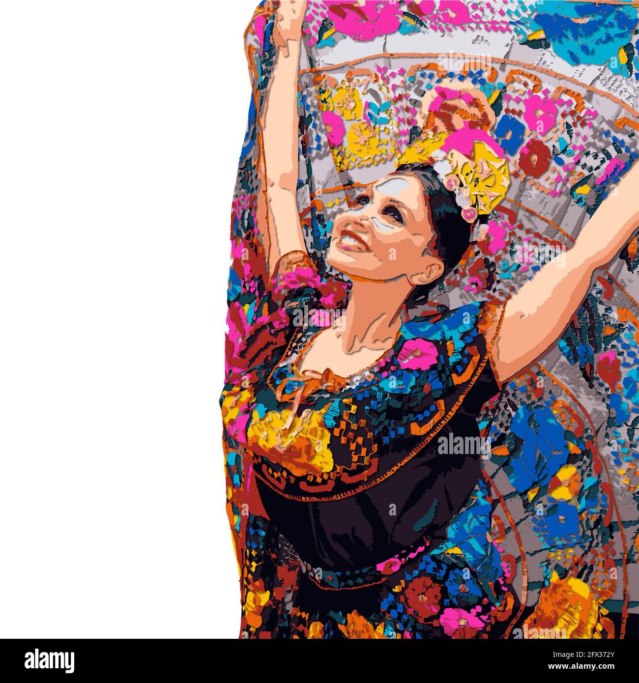 beautiful smiling mexican woman in traditional mexican dress hands up ...