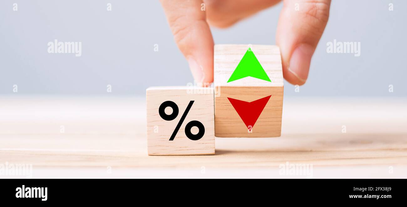 business man Hand change wood cube block with percentage to UP and Down ...