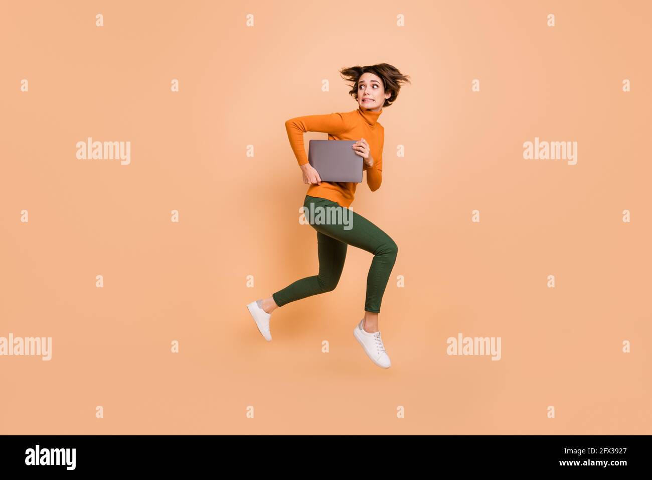 Full size profile side photo of young scared afraid nervous stressed ...