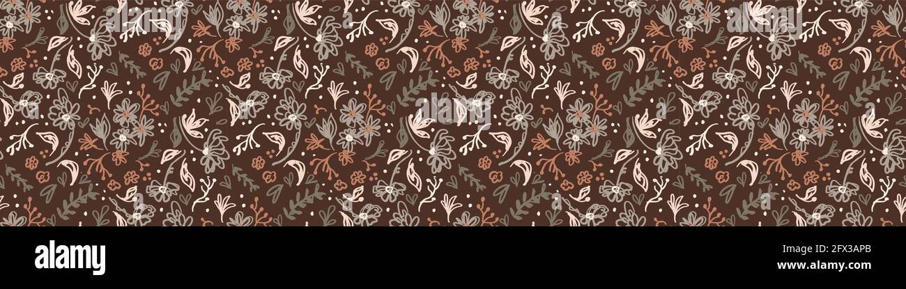 Seamless minimalist doodle flower border pattern. Calm earthy color ...