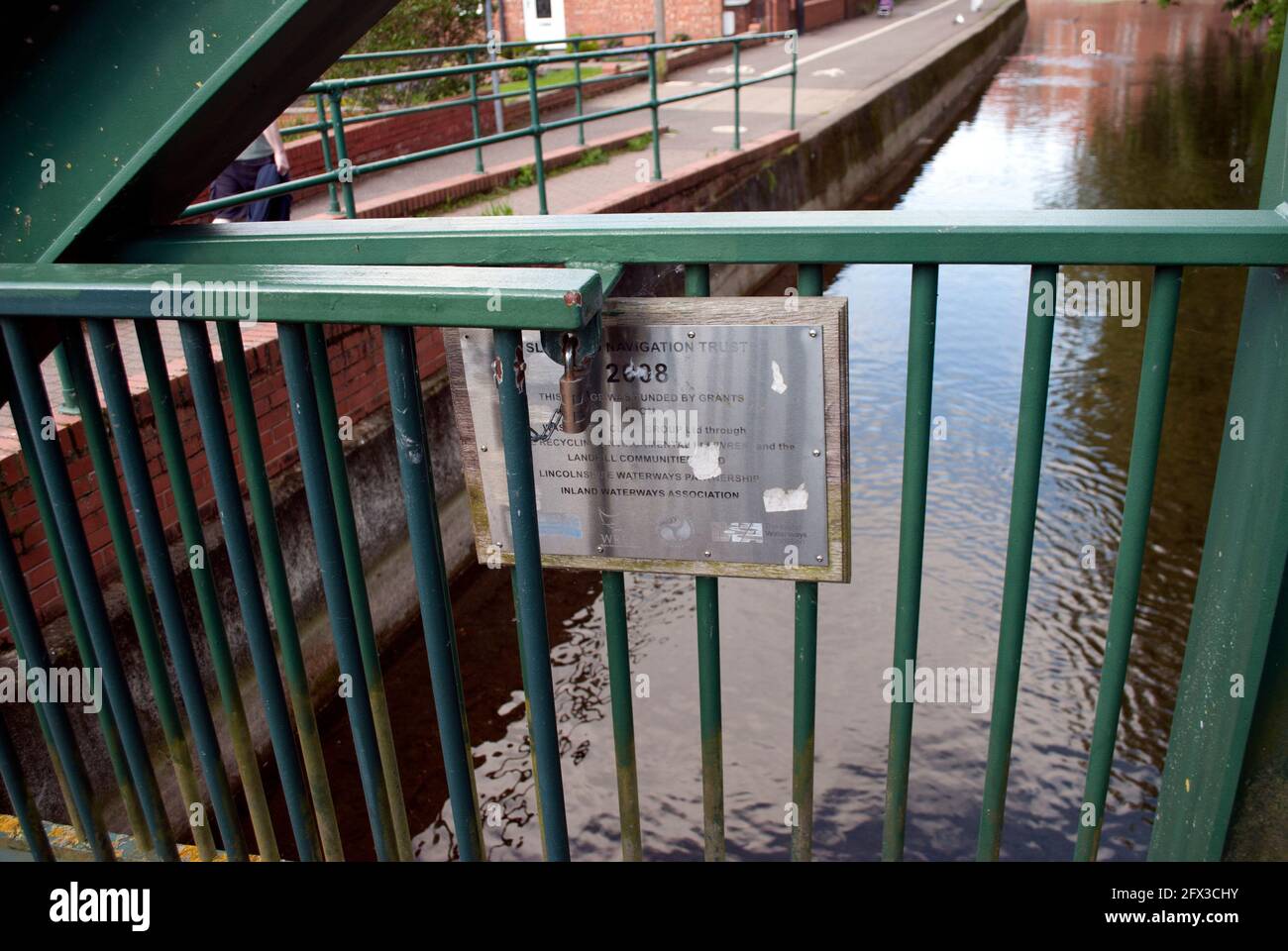 Sign on metal Lifting Bridge footbridge over river Slea in Sleaford ...