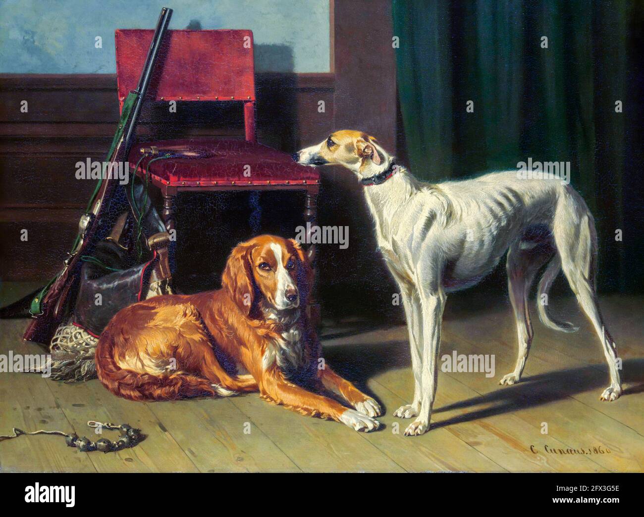 Hunting companions: two hunting dogs at a seat against which a shotgun ...