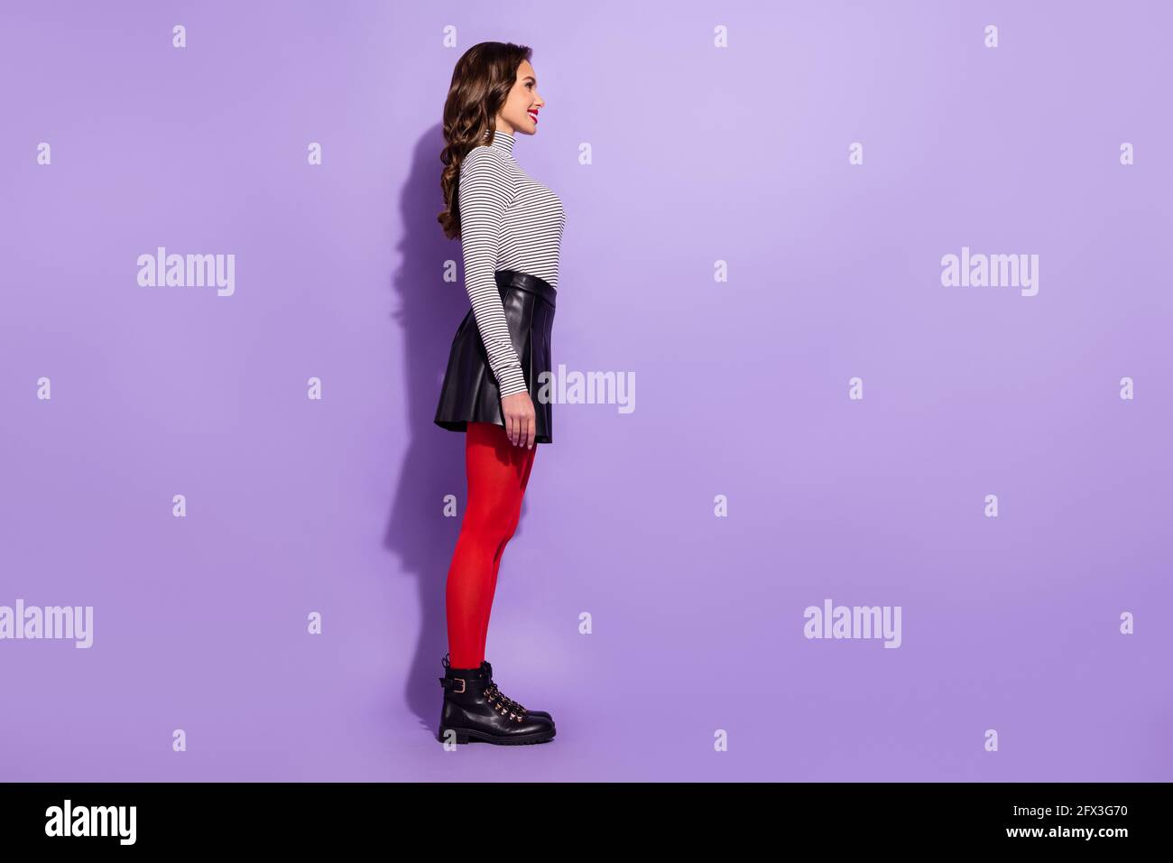 Full length body size profile side view of attractive cheerful wavy ...