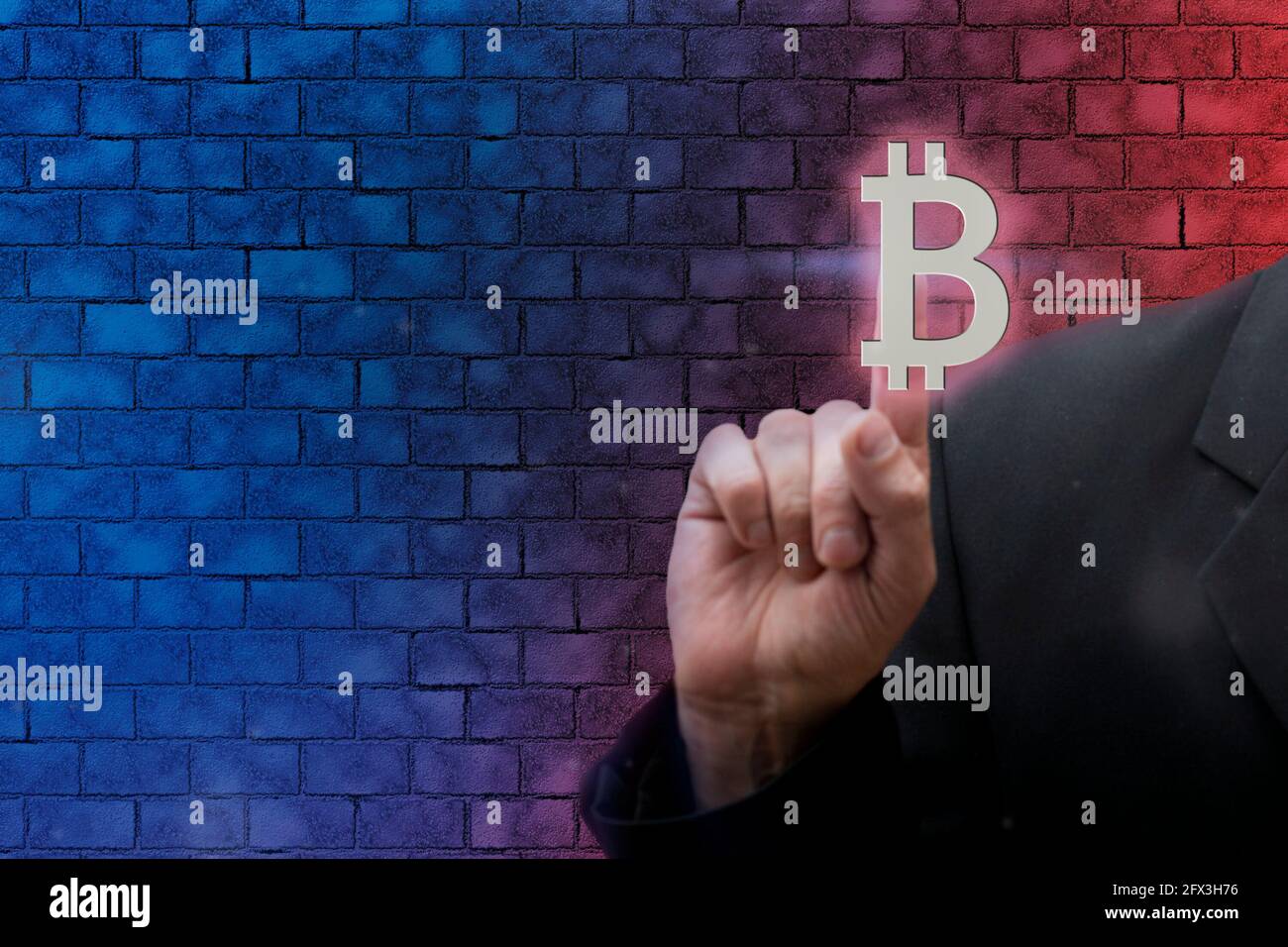 Businessman pointing digital bitcoin icon on neon blurred background ...