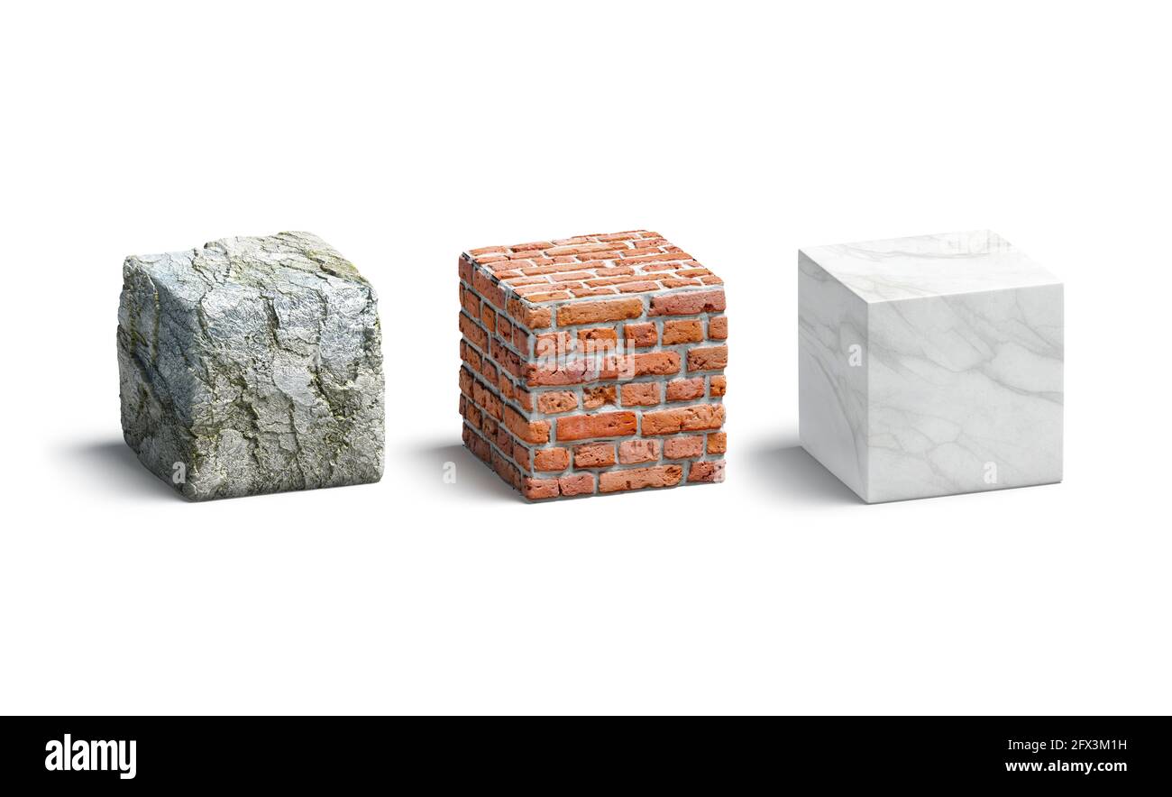 Blank stone, brick, marble cube mock up set, 3d rendering. Empty cuboid ...