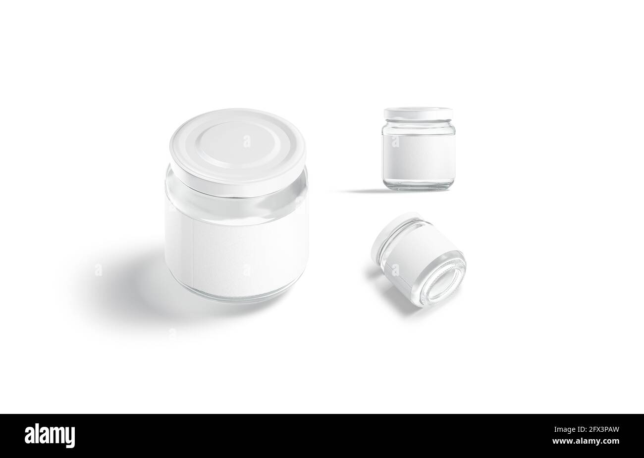Blank small glass jar with white label mockup, different views, 3d ...