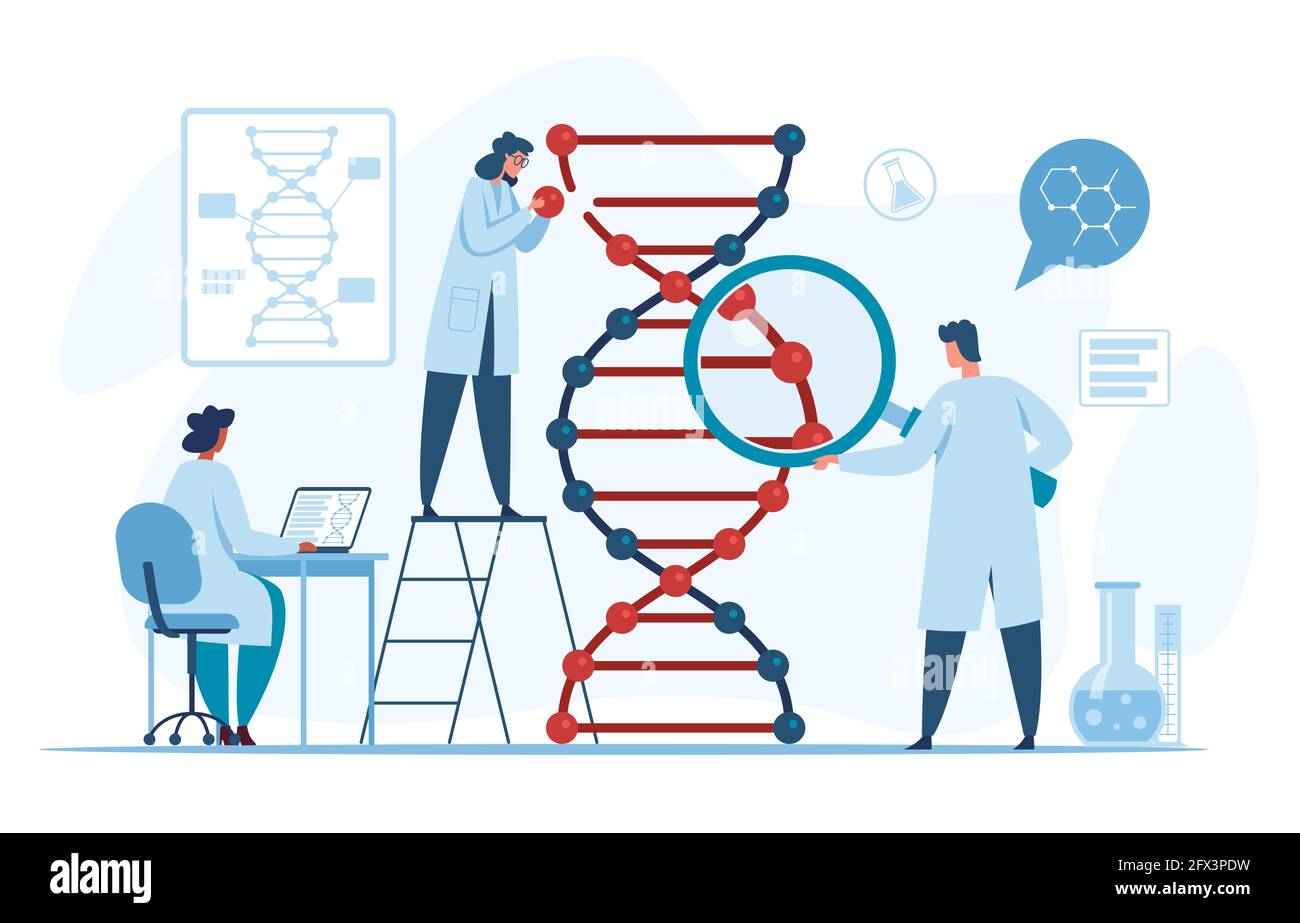 Genetic dna research. Scientists researching and analyzing dna molecule ...