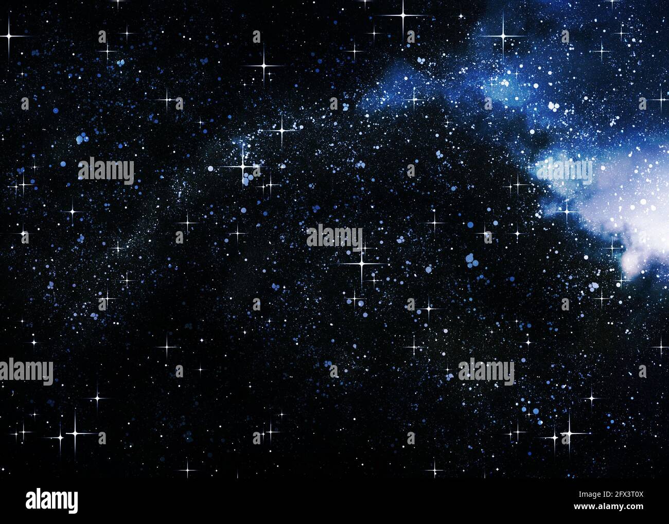 Abstract dark blue space background with glowing stars and clouds ...