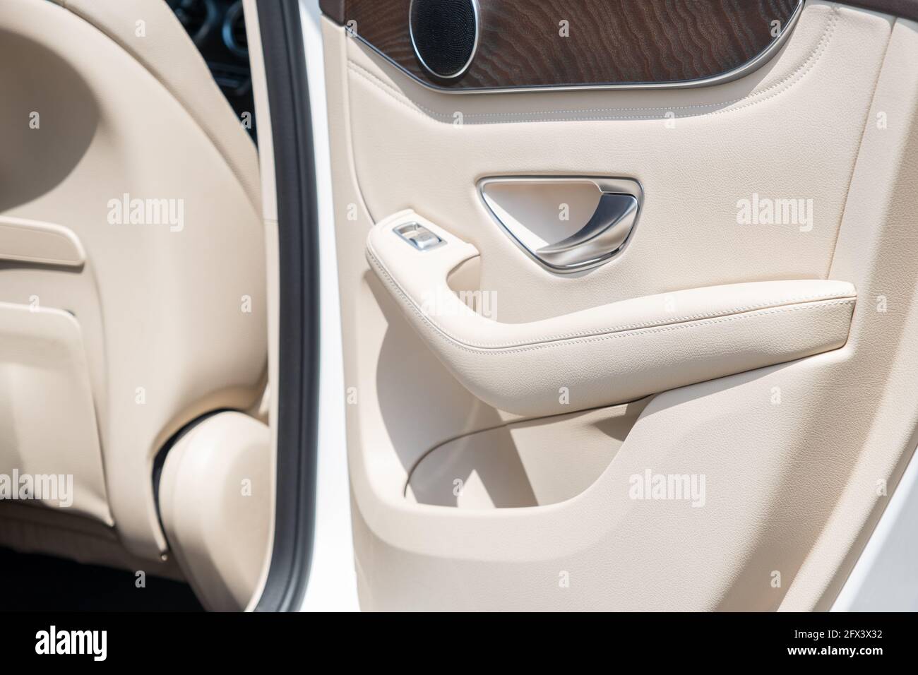 beige leather interior of the luxury modern car. Modern car interior ...