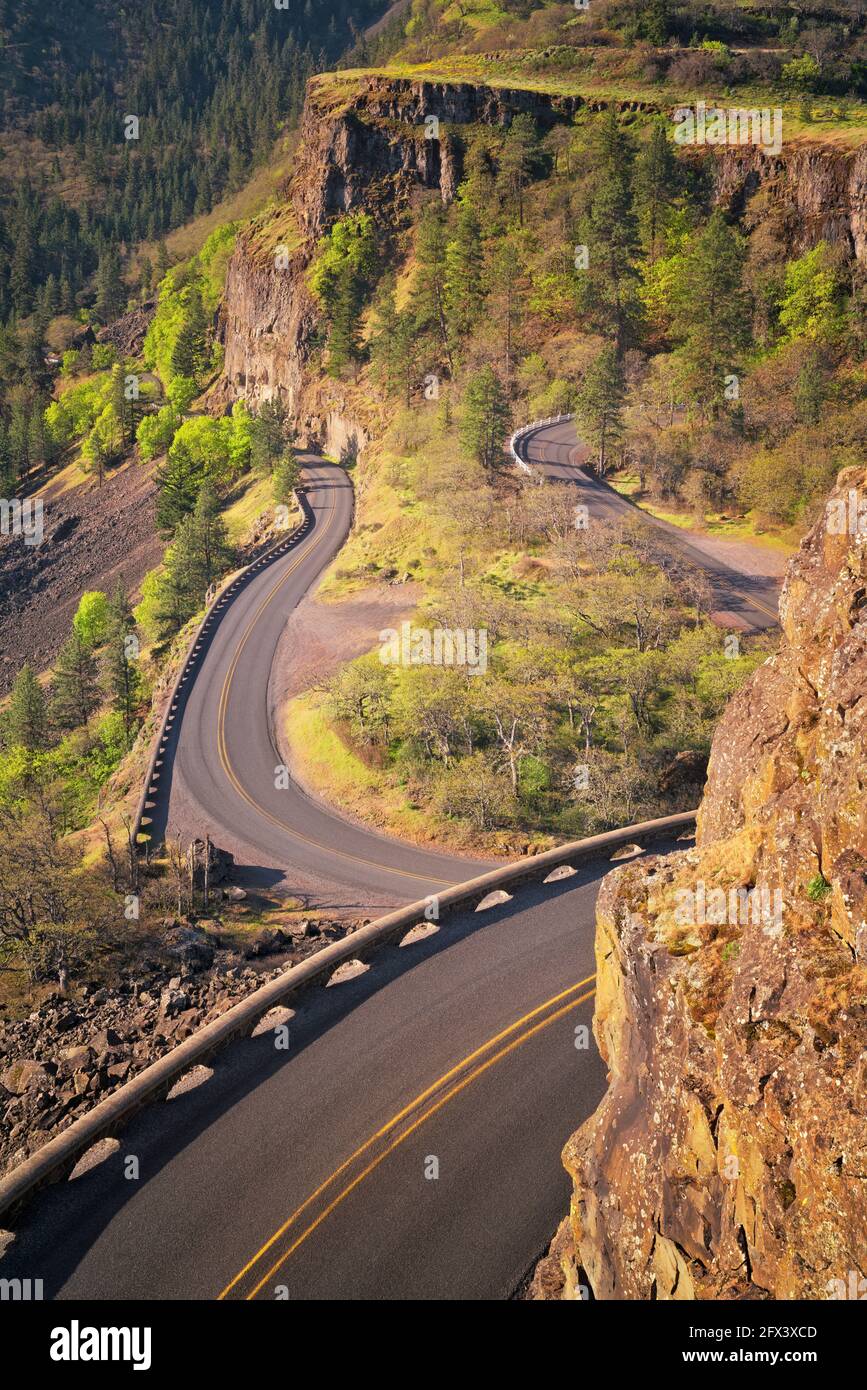 Spring morning view of the Rowena Loops hugging the rock cliffs just ...