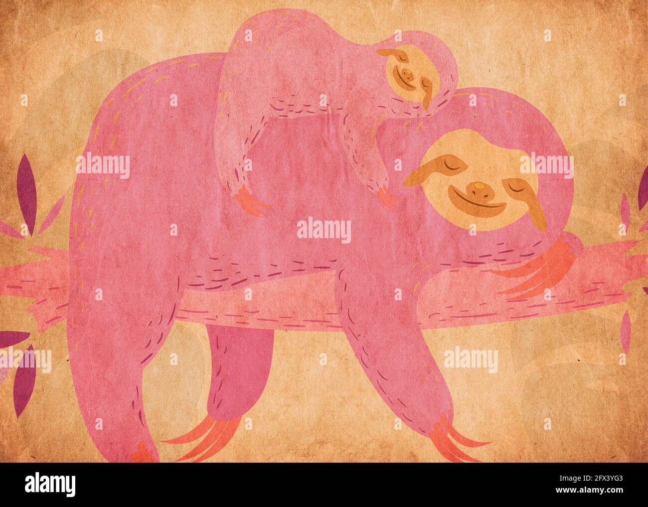 Cute cartoon sloth mother with the baby and tropical leaves grunge ...