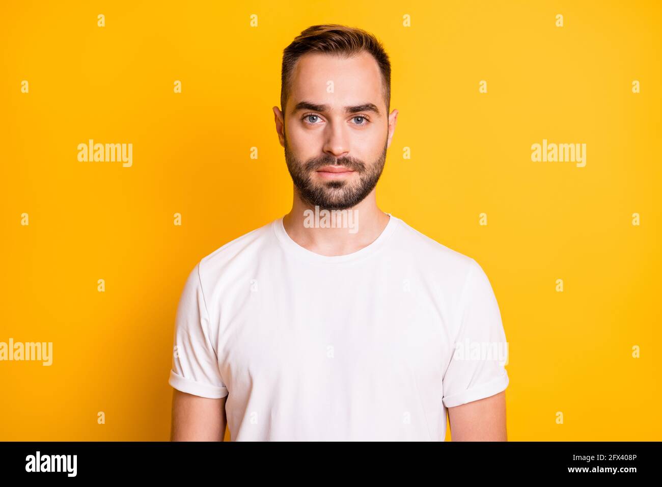 Portrait Of Optimistic Guy Wear White T Shirt Isolated On Vibrant