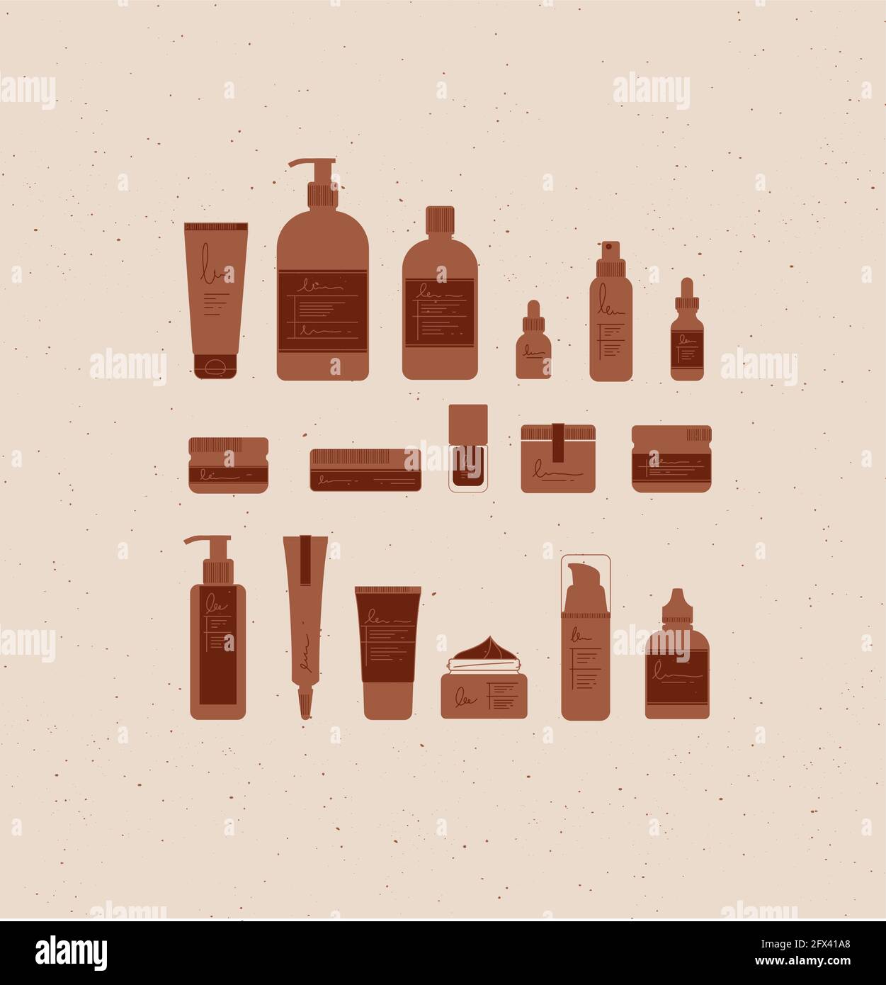 Set of cosmetic bottles in graphic style. Many containers for beauty ...
