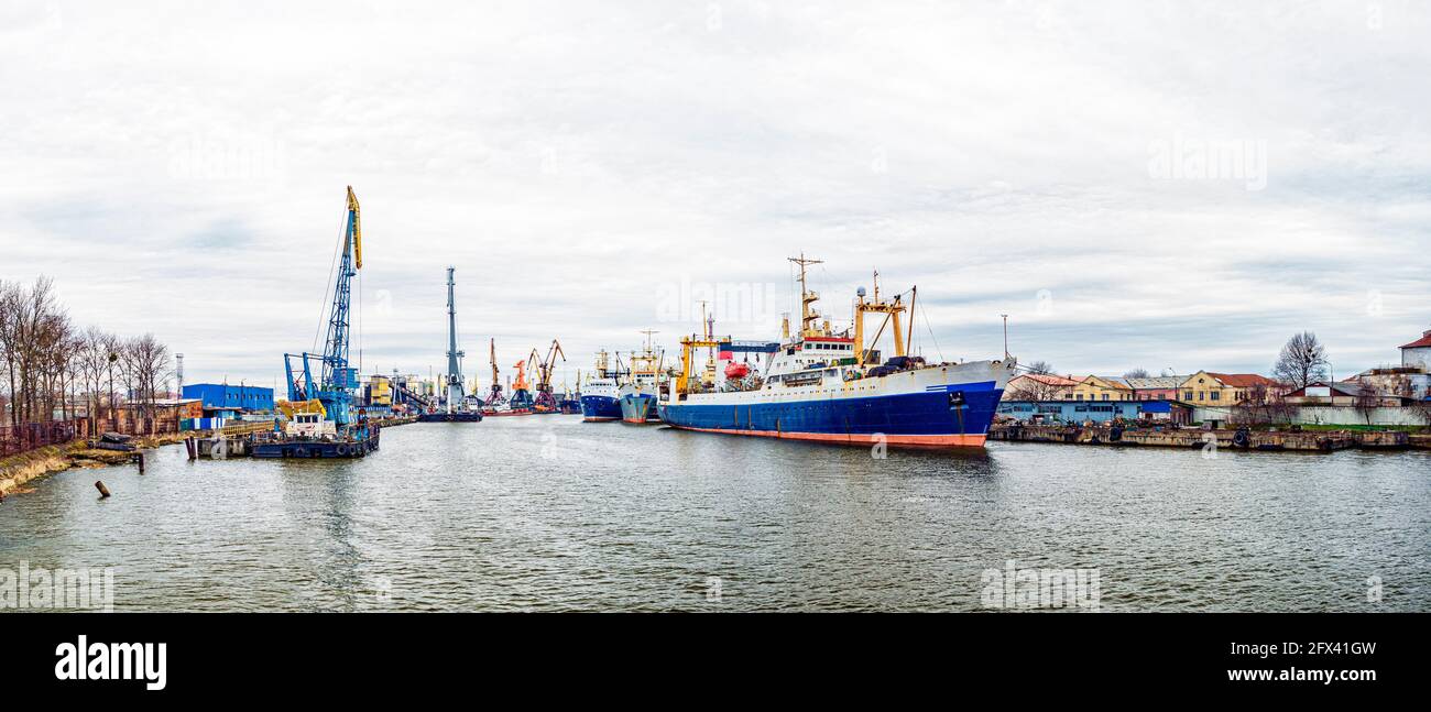 Kaliningrad Port and ships on the Pregolya River in spring Stock Photo ...