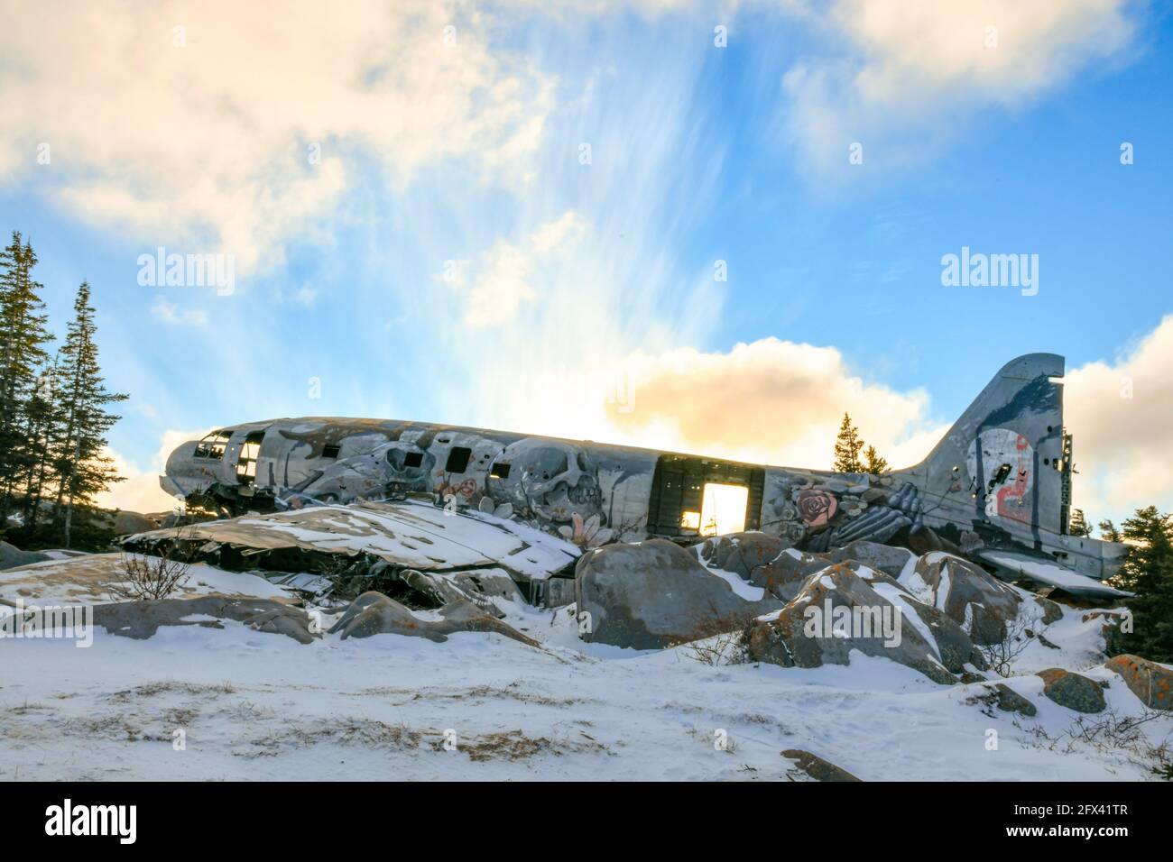 Miss Piggy Plane wreck in Churchill, Manitoba with blue, cloudy sunset ...