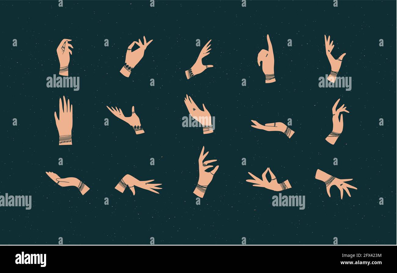 Hands with bracelets and rings in ethnical style in different positions ...