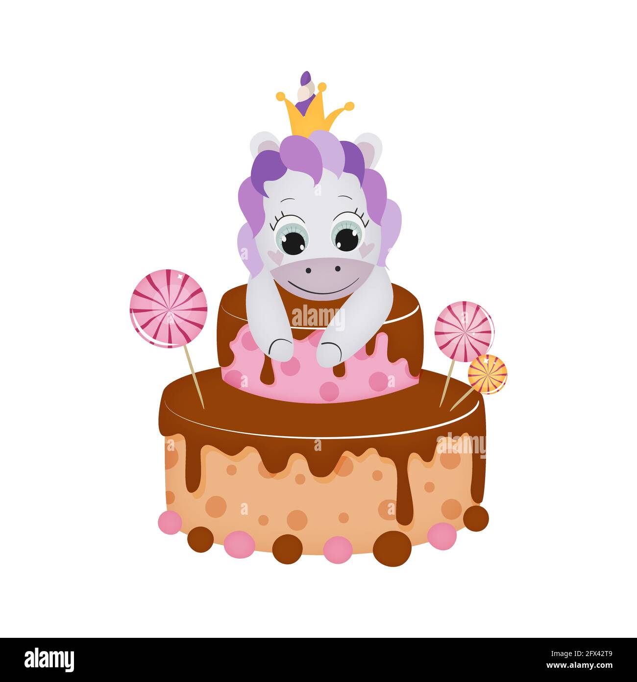 Birthday cake with unicorn and candy in cartoon style. Vector ...
